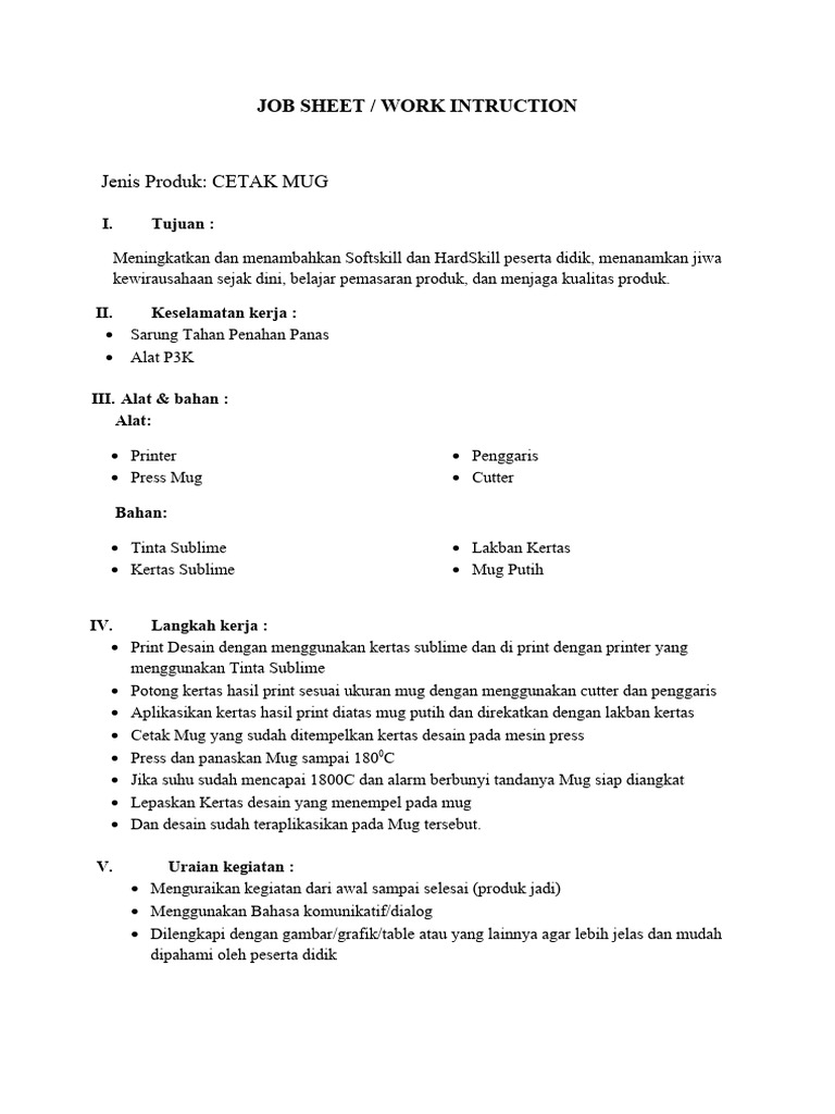 3. Contoh Format JOB SHEET - WI | PDF