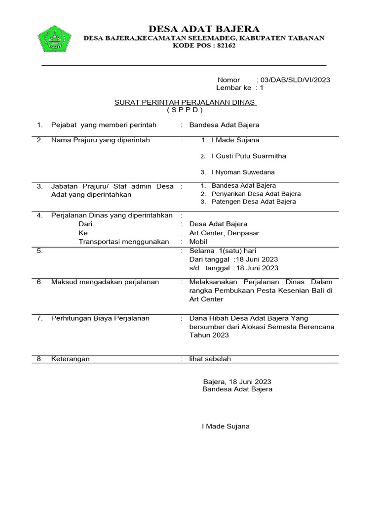 Surat Perintah Dinas Desa Bajera | PDF