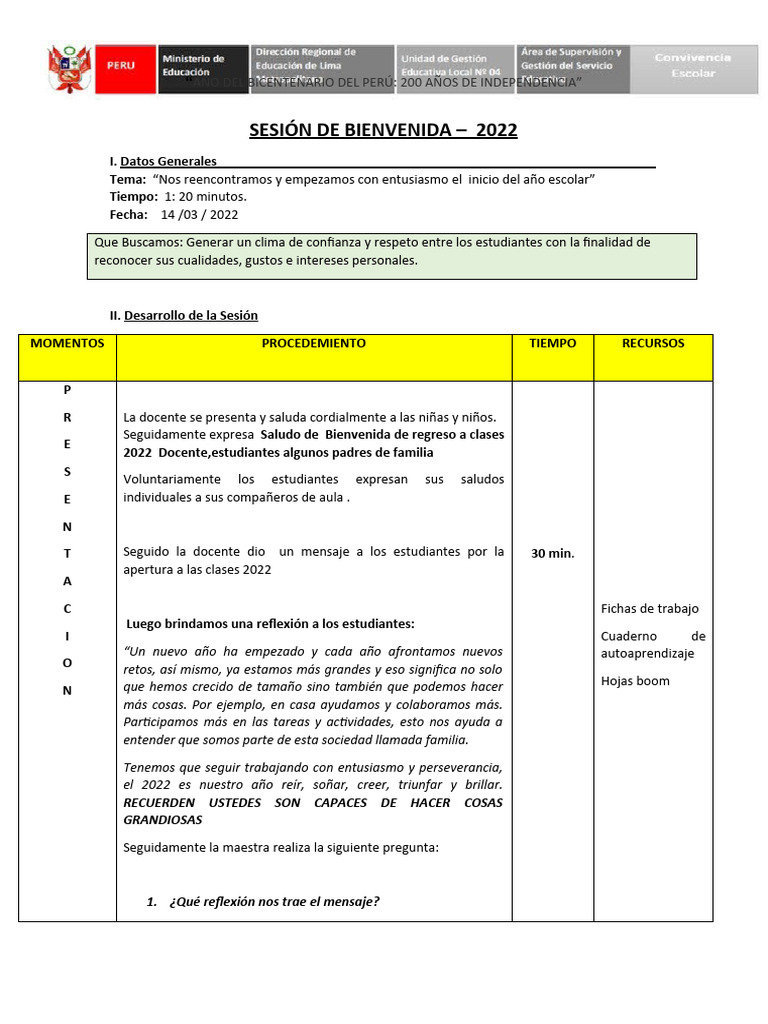 Sesion de Bienvenida Primaria | PDF | Crecimiento personal y ...