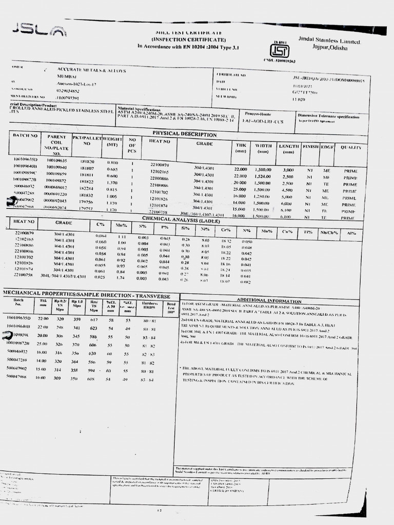 Inspection Report ss316l | PDF Inspection Report ss316l | PDF