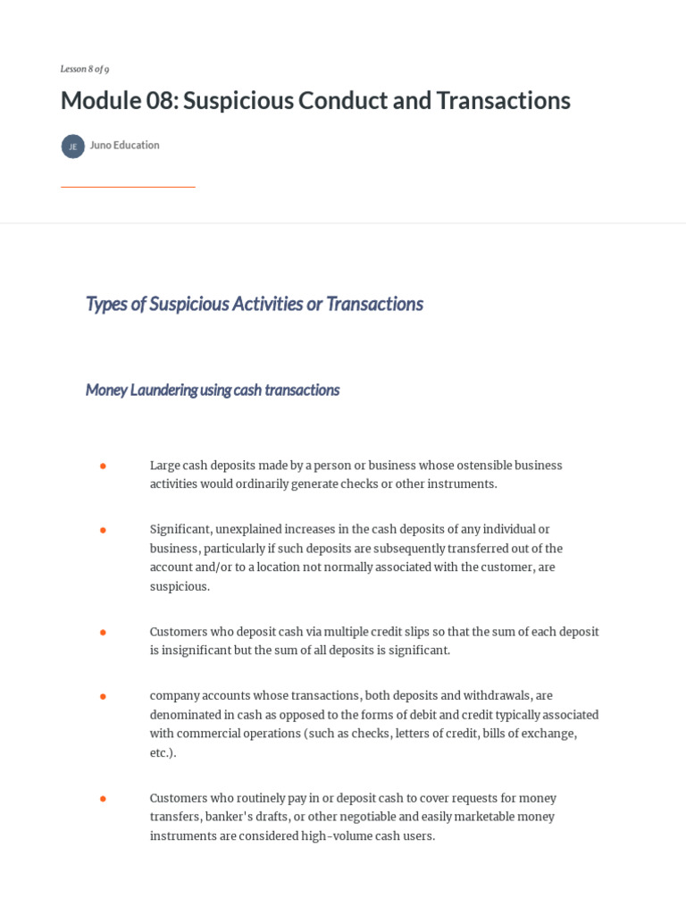 Module 08: Suspicious Conduct and Transactions | PDF | Deposit Account | Cash