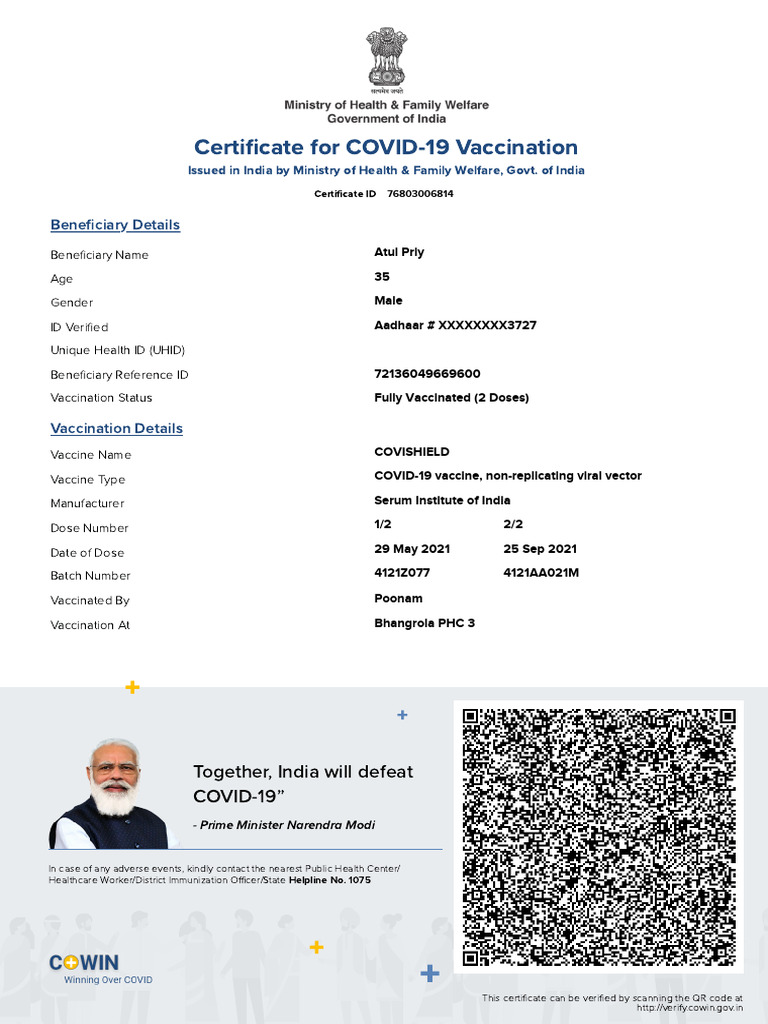 COVID-19 Vaccination Certificate India | PDF