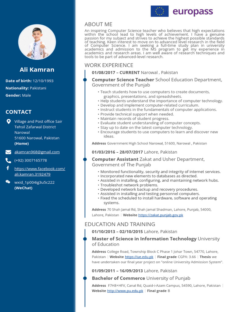 Ali Kamran CV-F1 | PDF | Pakistan | Computer Science