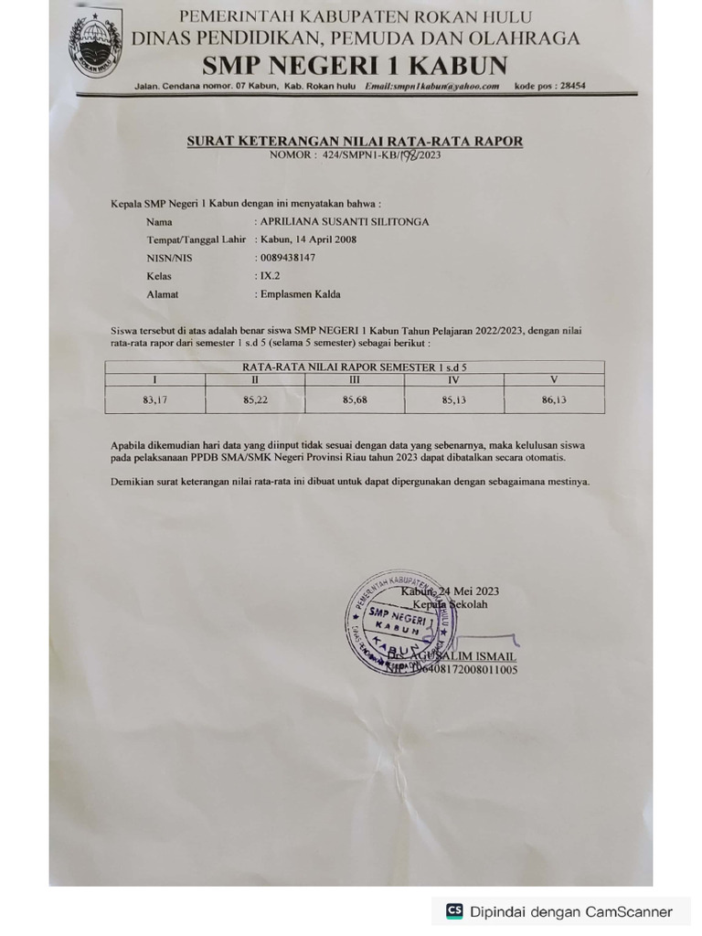 Surat Keterangan Rata-Rata Apriliana Susanti | PDF