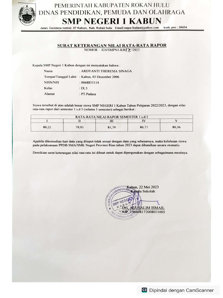 Surat Keterangan Rata-Rata Ardyanti | PDF
