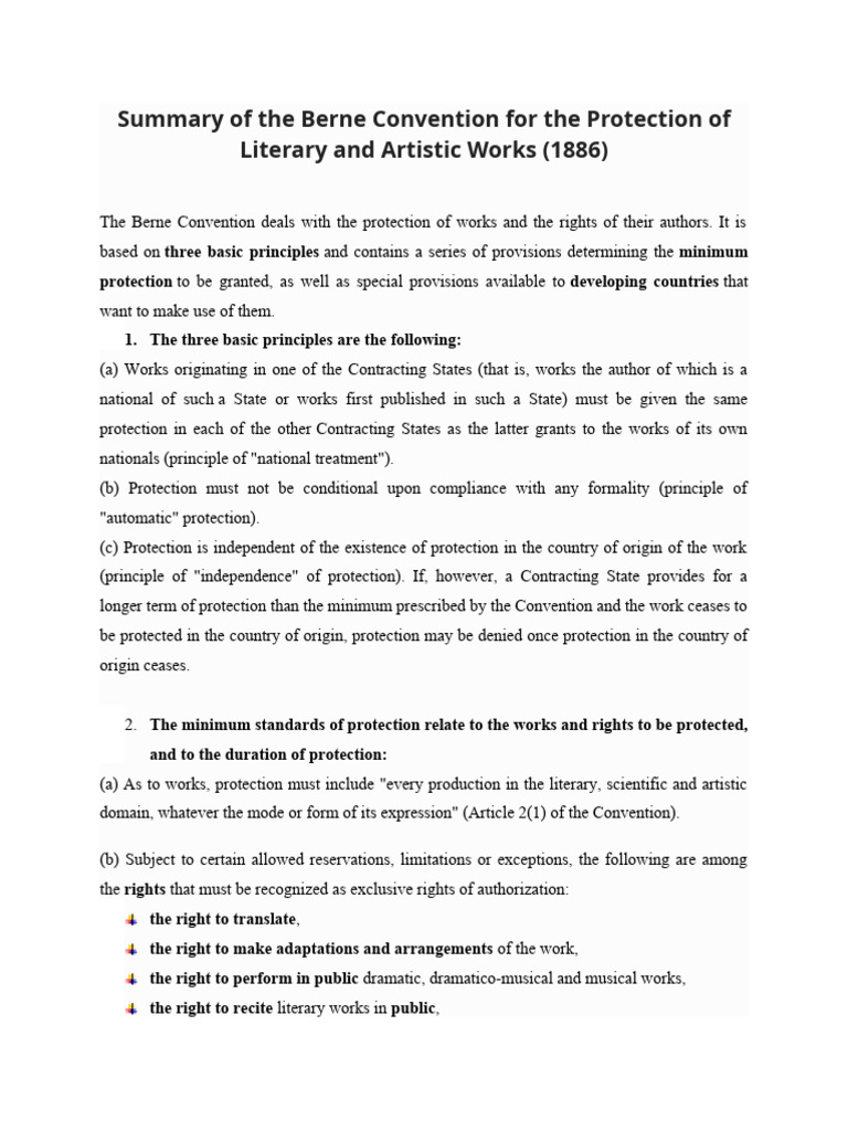 Summary of The Berne Convention For The Protection of Literary and ...