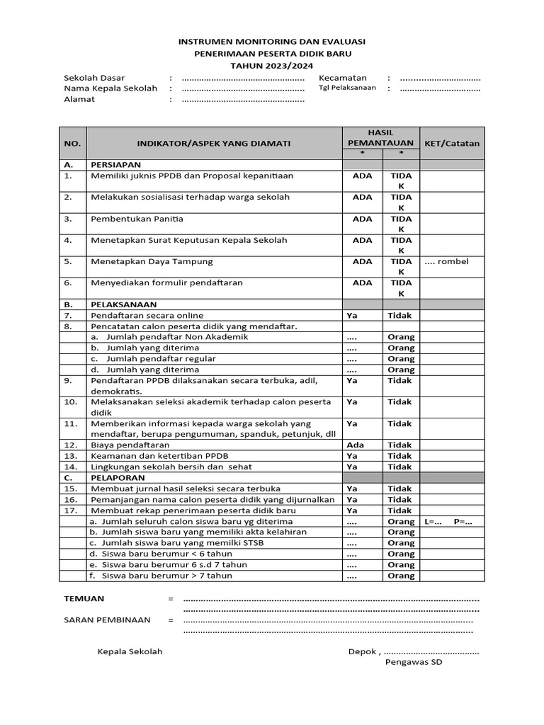 Instrumen Monev PPDB SD 2023 | PDF