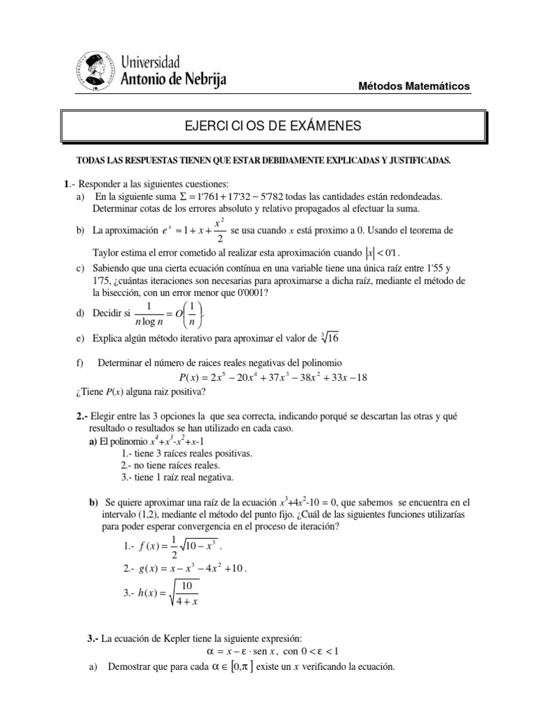Ejercicios - Examenes Metodos Numericos | PDF | Análisis numérico | Intervalo (Matemáticas)