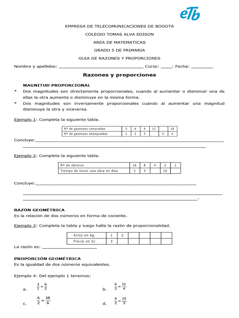Guía de Razones y Proporciones 5° Primaria | PDF | Matemáticas