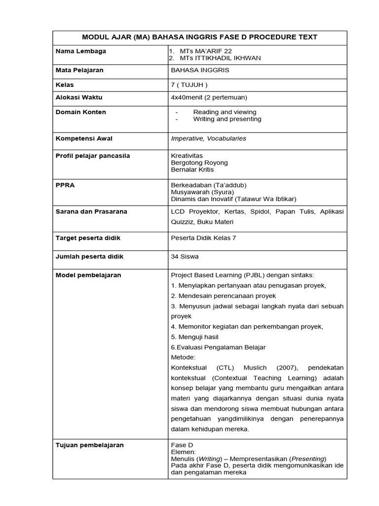 Modul Ajar PKB - Procedure Text - G3 | PDF | Karier & Perkembangan