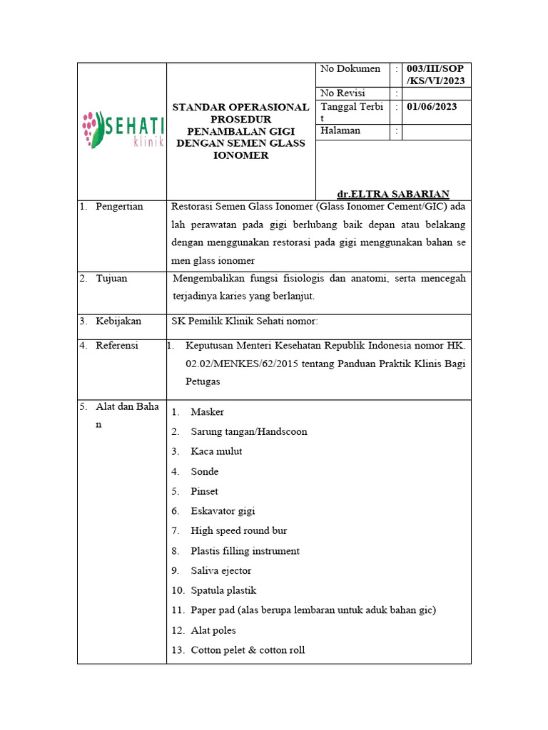 Sop Penambalan Gigi Dengan Bahan GIC | PDF | Sains & Matematika