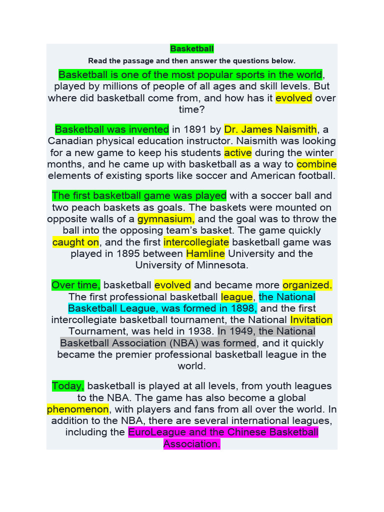 Basketball (Reading and Comprehension) | PDF