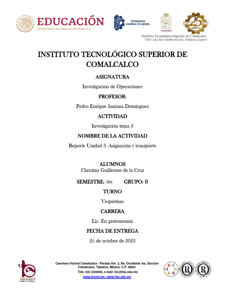 INSTITUTO TECNOLÓGICO SUPERIOR DE COMALCALCO Portada 3 | PDF