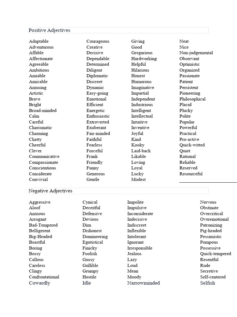 Comprehensive List of Positive Adjectives | PDF | General Fiction