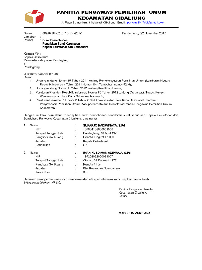 Contoh Surat Permohonan Penerbitan SK Kasek Dan Bendahara Pnwascam | PDF