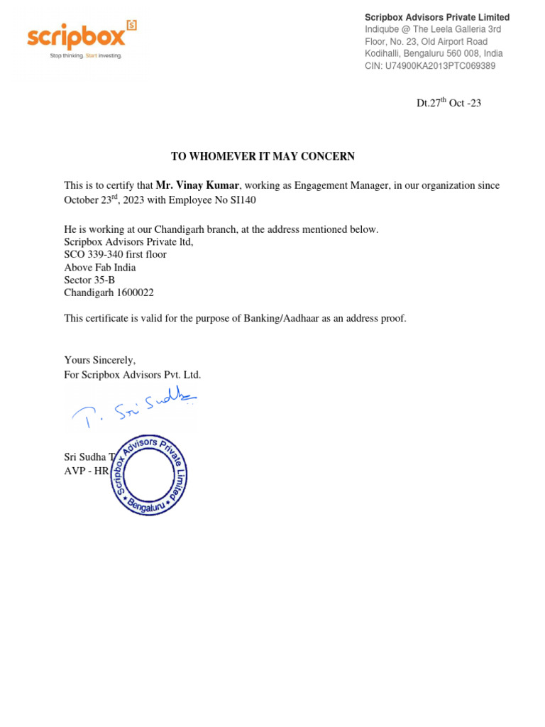 Vinay Kumar - Address Proof | PDF