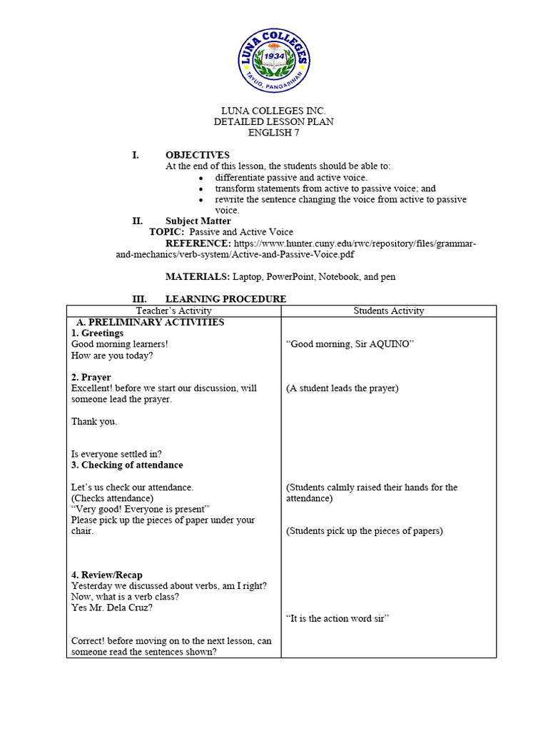Active vs Passive Voice Lesson Plan | PDF | Verb | Subject (Grammar)