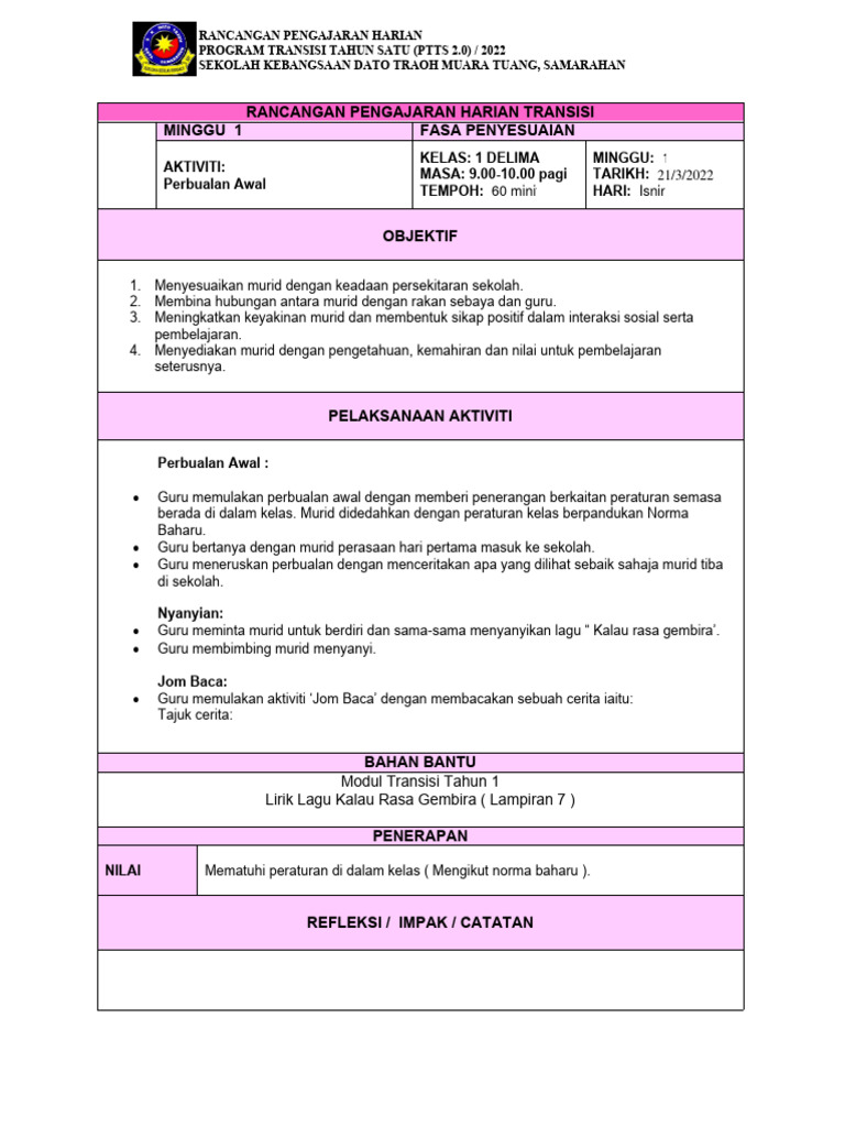 Template RPH Transisi Fasa Penyesuaian | PDF