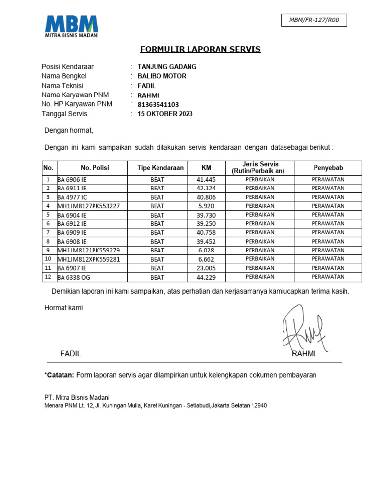 Formulir Laporan Servis PNM | PDF