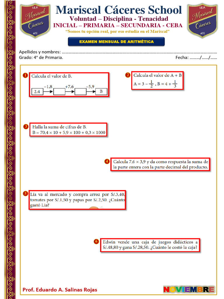 Examen de Aritmética - 4to de Primaria - Noviembre - III Bimestre | PDF ...