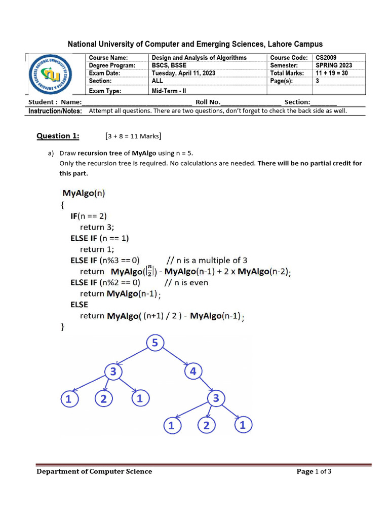 Algo Mid 2 Wih Solution & Rubric | PDF | Dynamic Programming | Algorithms