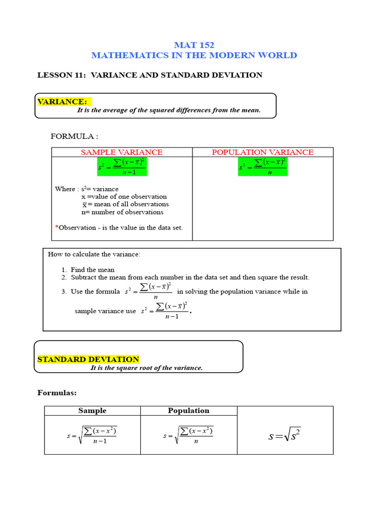 Lesson 11 Variance And Standard Deviation Pdf Variance Standard