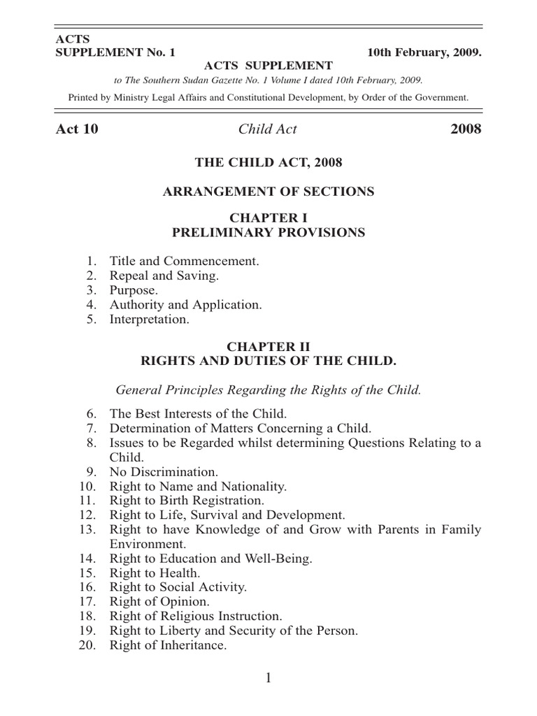 Southern Sudan Child Act 2008 Summary | PDF | Child Abuse | Legal Guardian