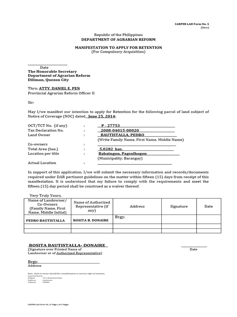 Carper Lad Form 5 - Manifestation To Apply Retention (Bautistalla) | PDF