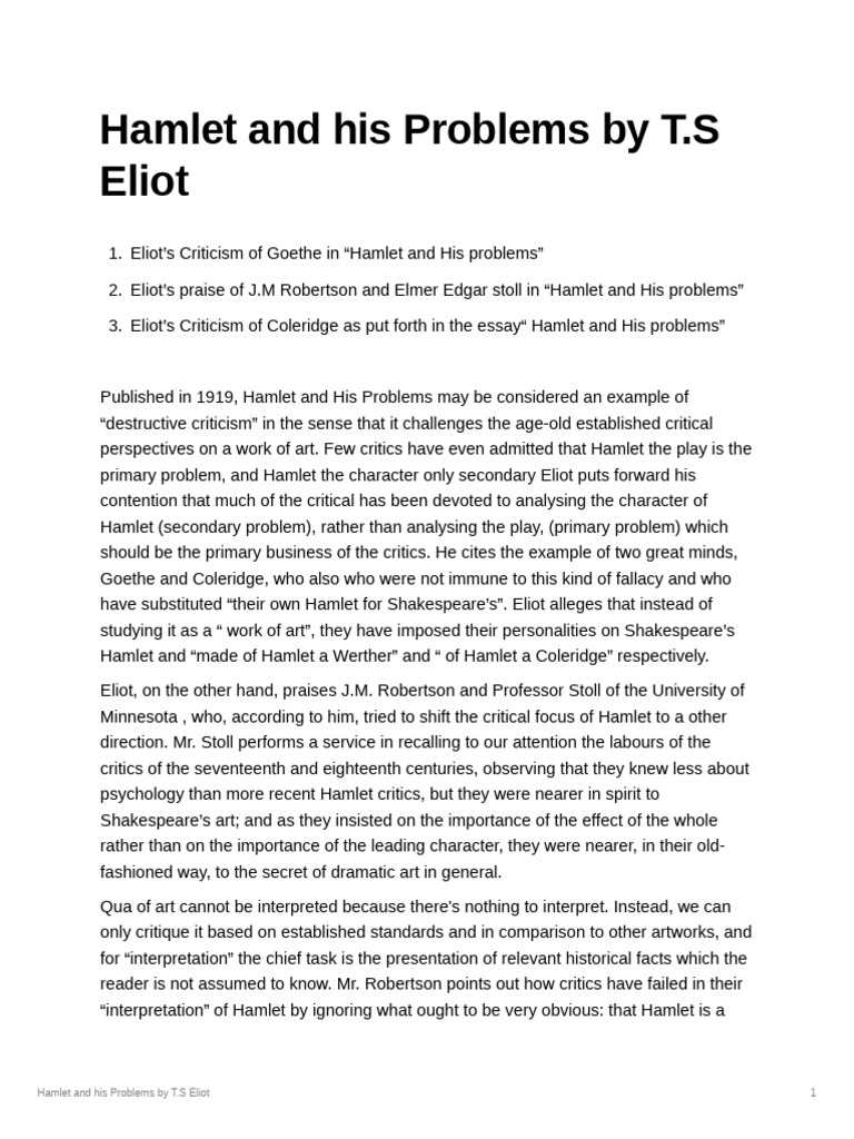 Eliot's Critique of Hamlet's Failures | PDF