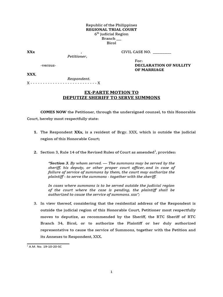 Motion To Deputize Sheriff - Sample | PDF | Summons | Common Law