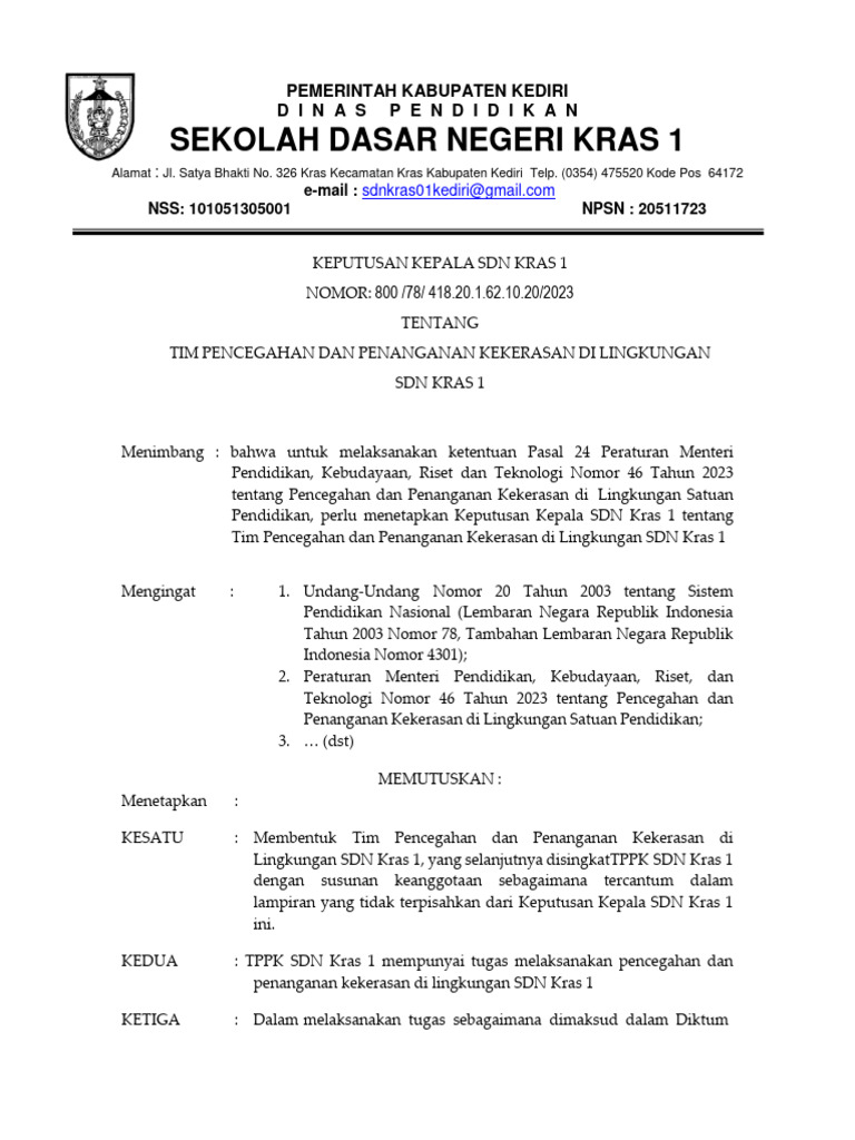 SK Kepala Satuan Pendidikan Pembentukan TPPK SDN KRAS 1 | PDF
