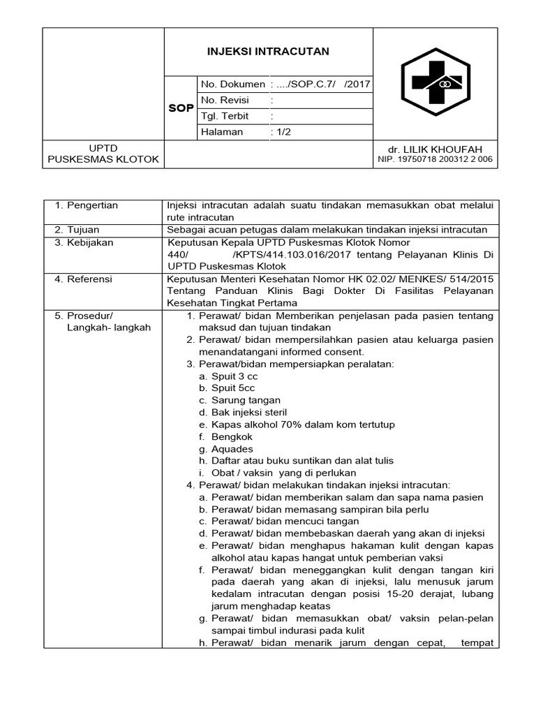 Prosedur Injeksi Intracutan di Puskesmas | PDF