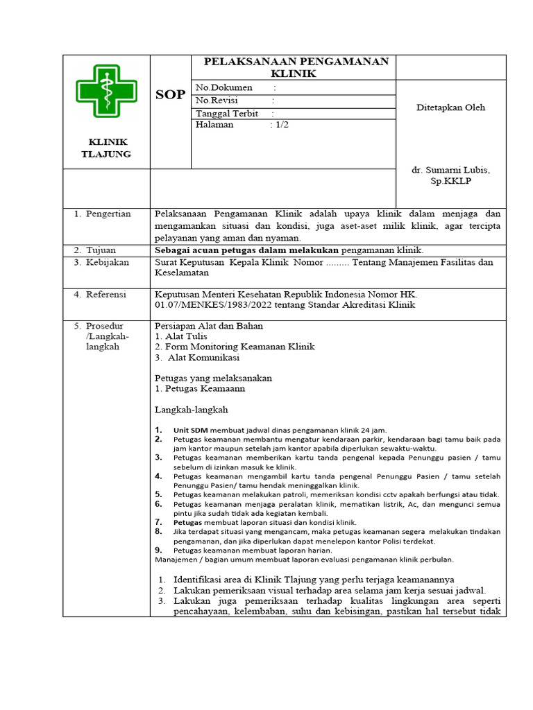 1.3.4 Sop Pengamanan Klinik | PDF
