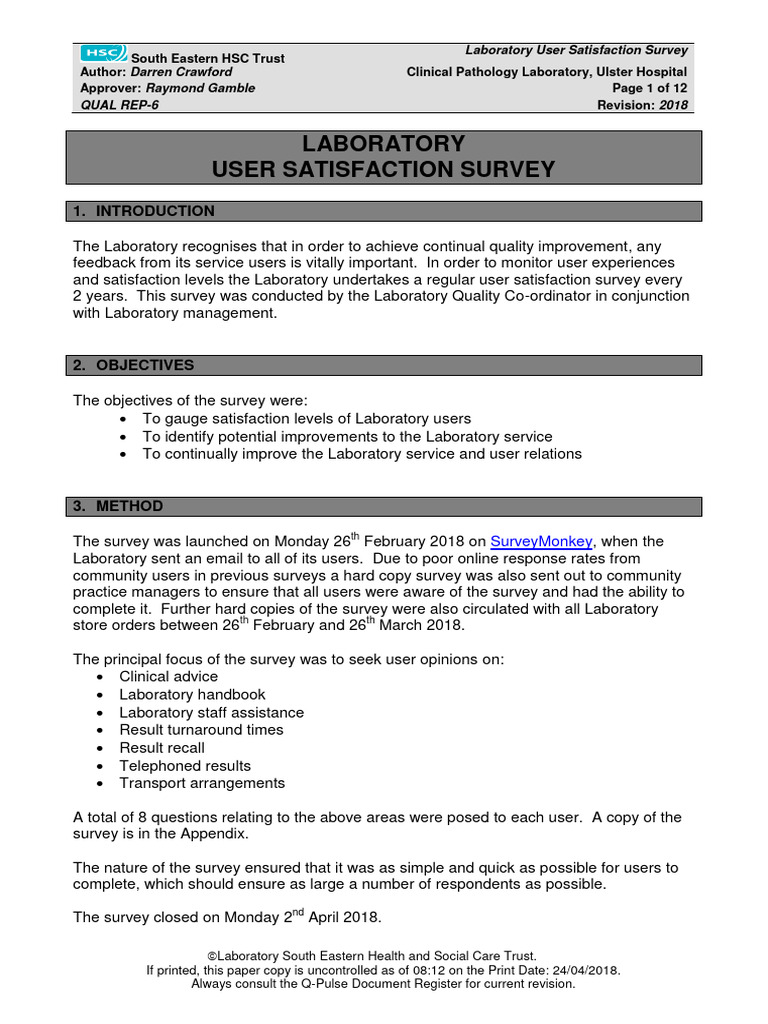 Ulster Hospital Lab User Satisfaction Survey | PDF | Hospital | Patient