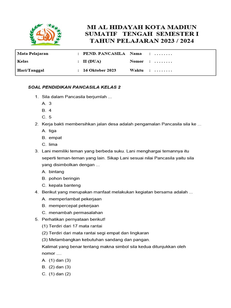 Soal Pendidikan Pancasila Kelas 2 | PDF