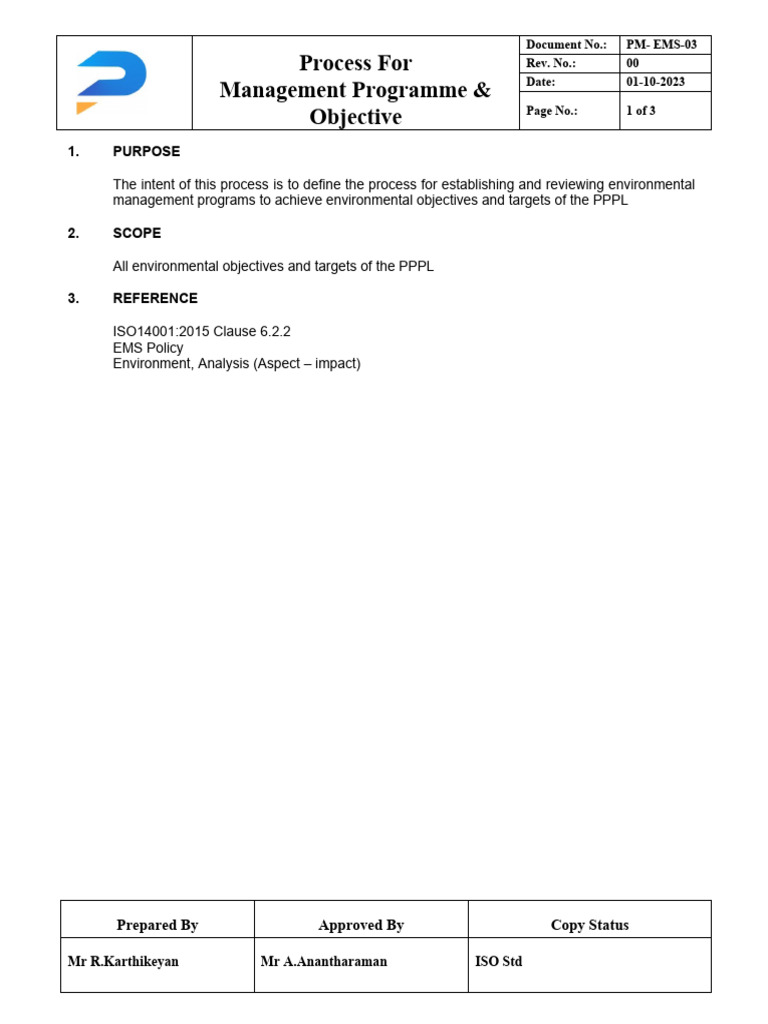 PM-EMS-03 Mangement Programme and Objective | PDF