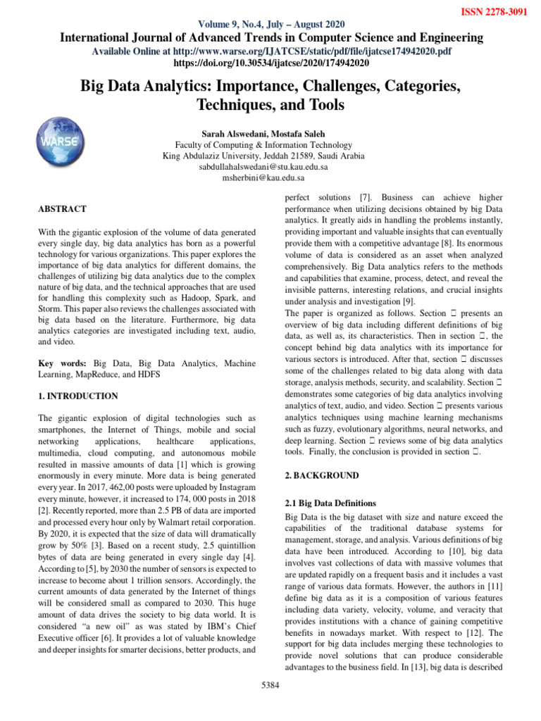 Big Data Analytics Importance, Challenges, Categories, Techniques, and Tools (Article) Author ...