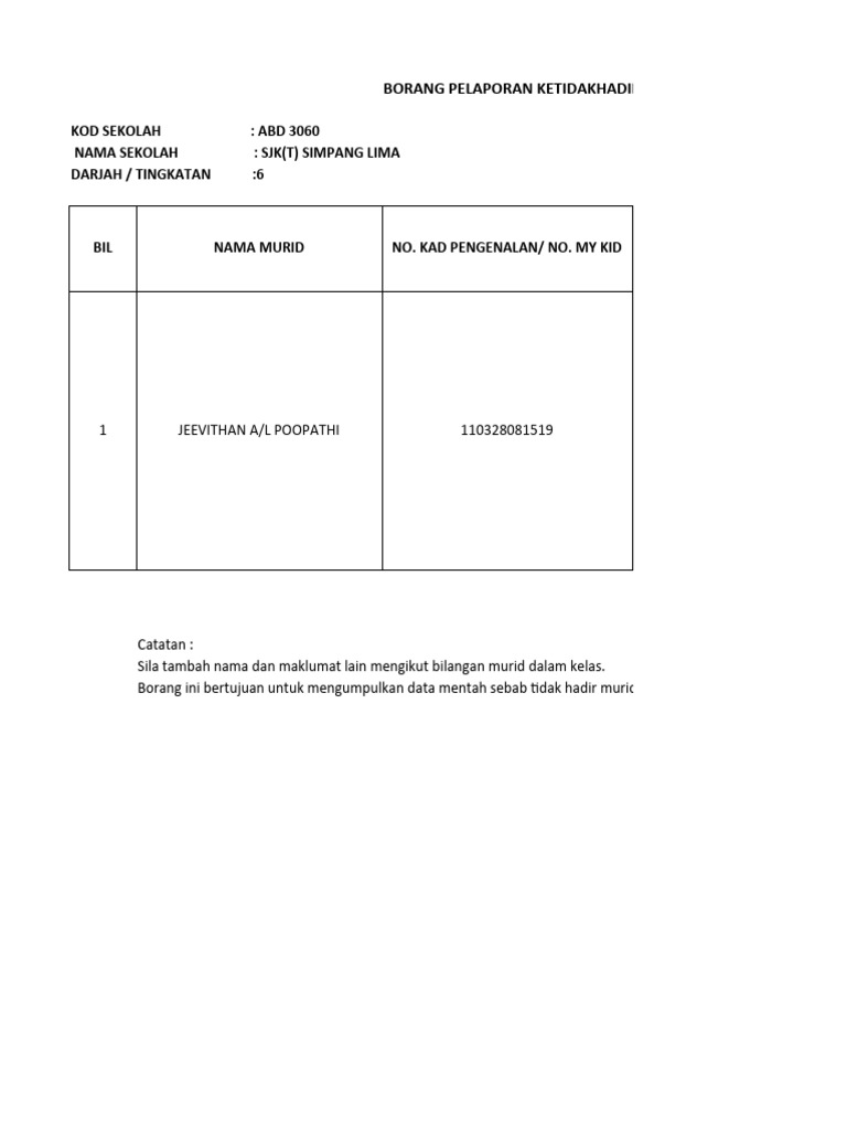 Borang - Laporan - Ketidakhadiran - Ke - Sekolah - Bagi - Mac - 2023 - Hingga - Februari Tahun 6 ...