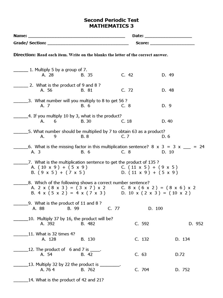 Grade 3 Math 2nd Periodical Test | PDF