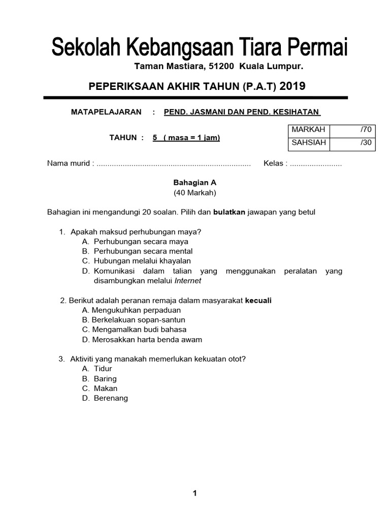 Pat PJK Tahun 5 2019 | PDF