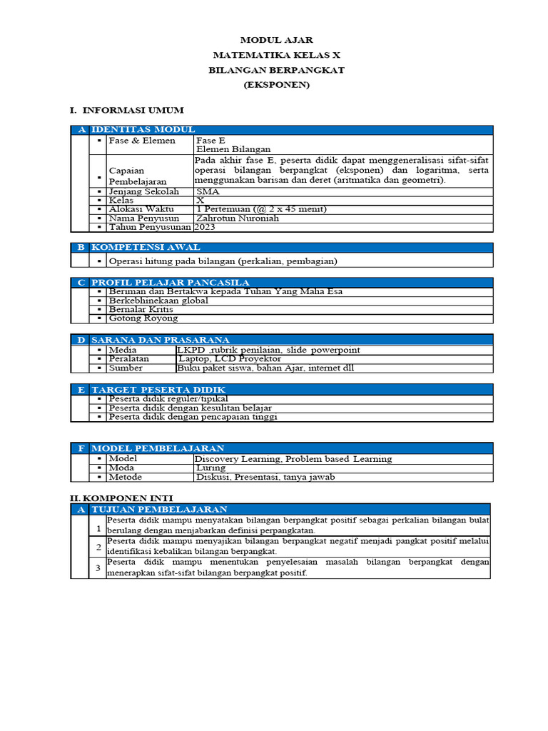 Modul Ajar Matematika Kelas X Bilangan Berpangkat | PDF
