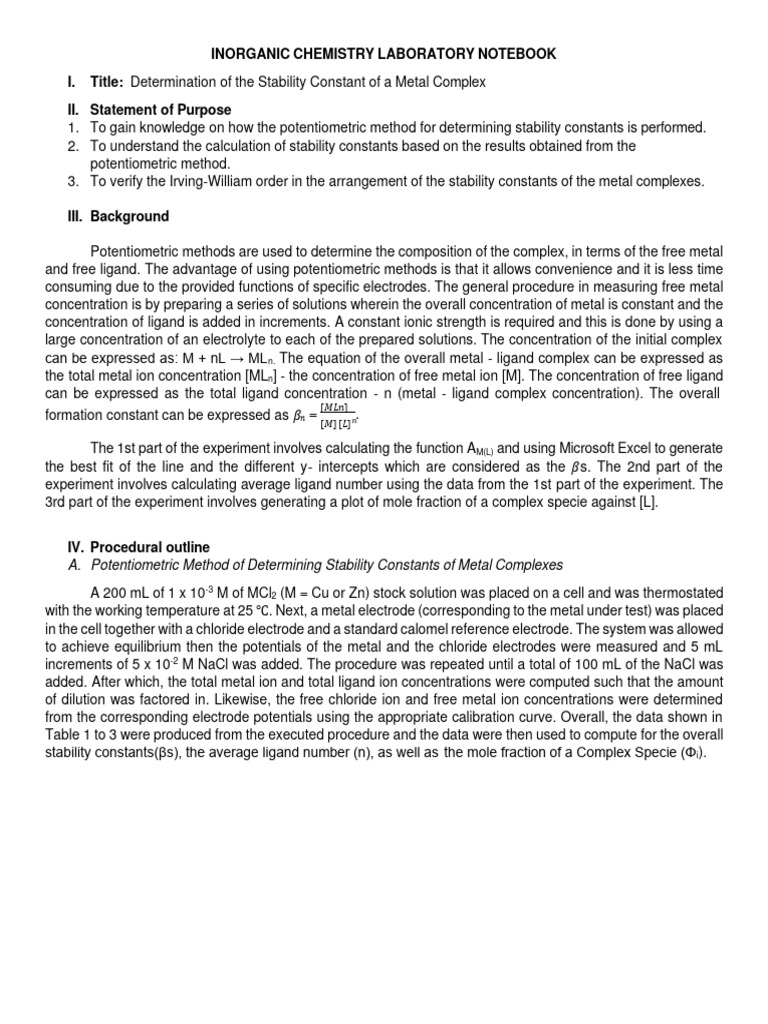 Lab Report - Determination of The Stability Constant of A Metal Complex ...
