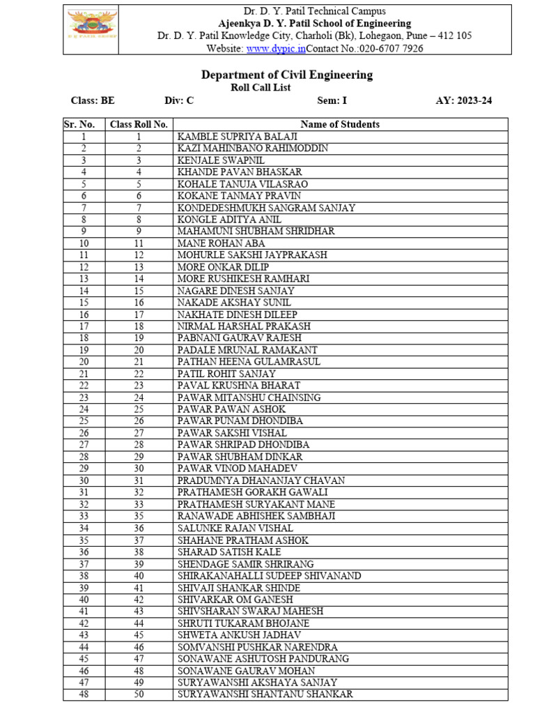 BE Civil Engineering Roll Call 2023-24 | PDF
