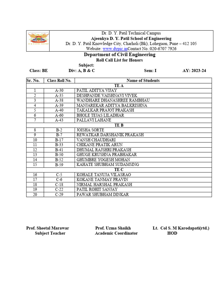 Be Honors Sem-I Roll Call List A. Y. 2023-24 (Div-A, B, C) | PDF