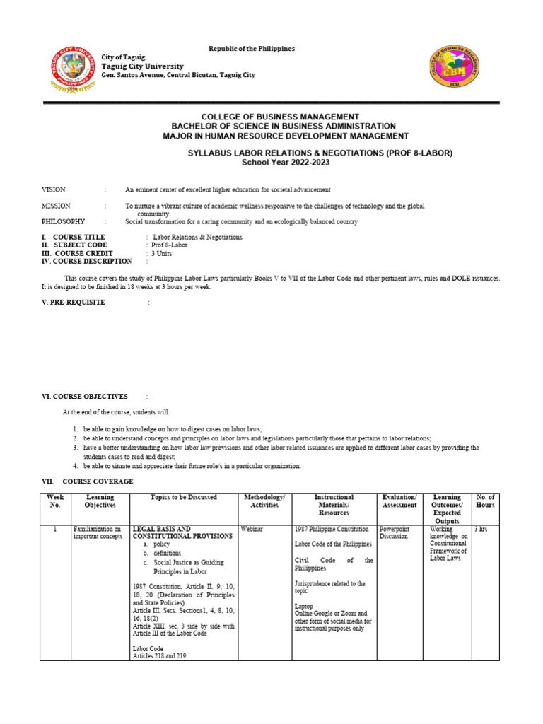 Labor Relations & Negotiations Syllabus | PDF | Employment | Labour Law