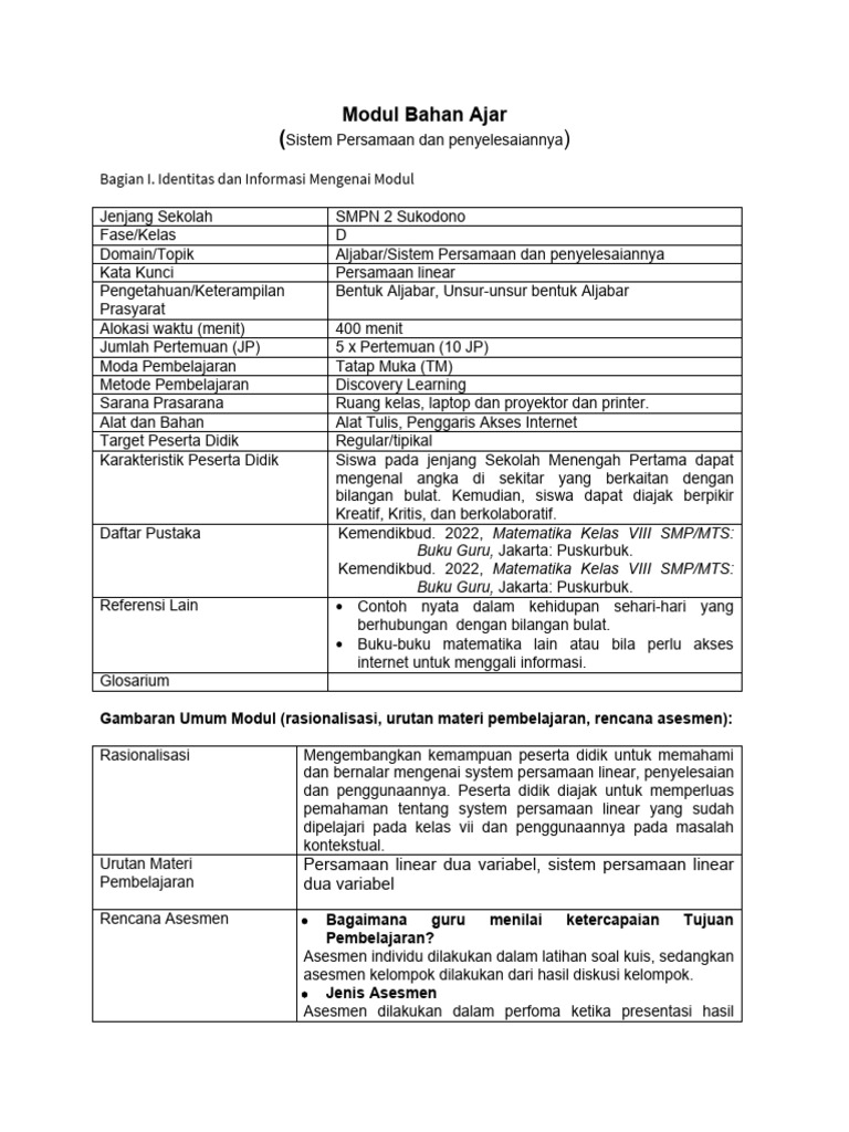 Modul Ajar Bab 2.1 Sistem Persamaan Linear Dua Variabel | PDF | Karier ...