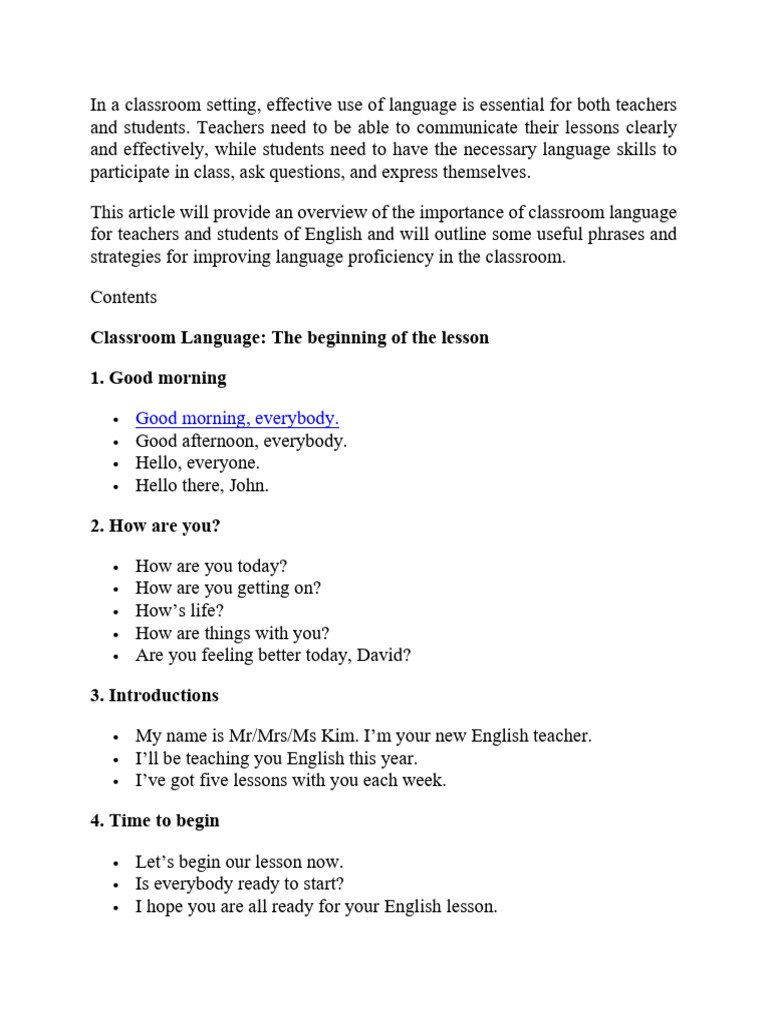 Classroom Language Pdf Teachers English Language