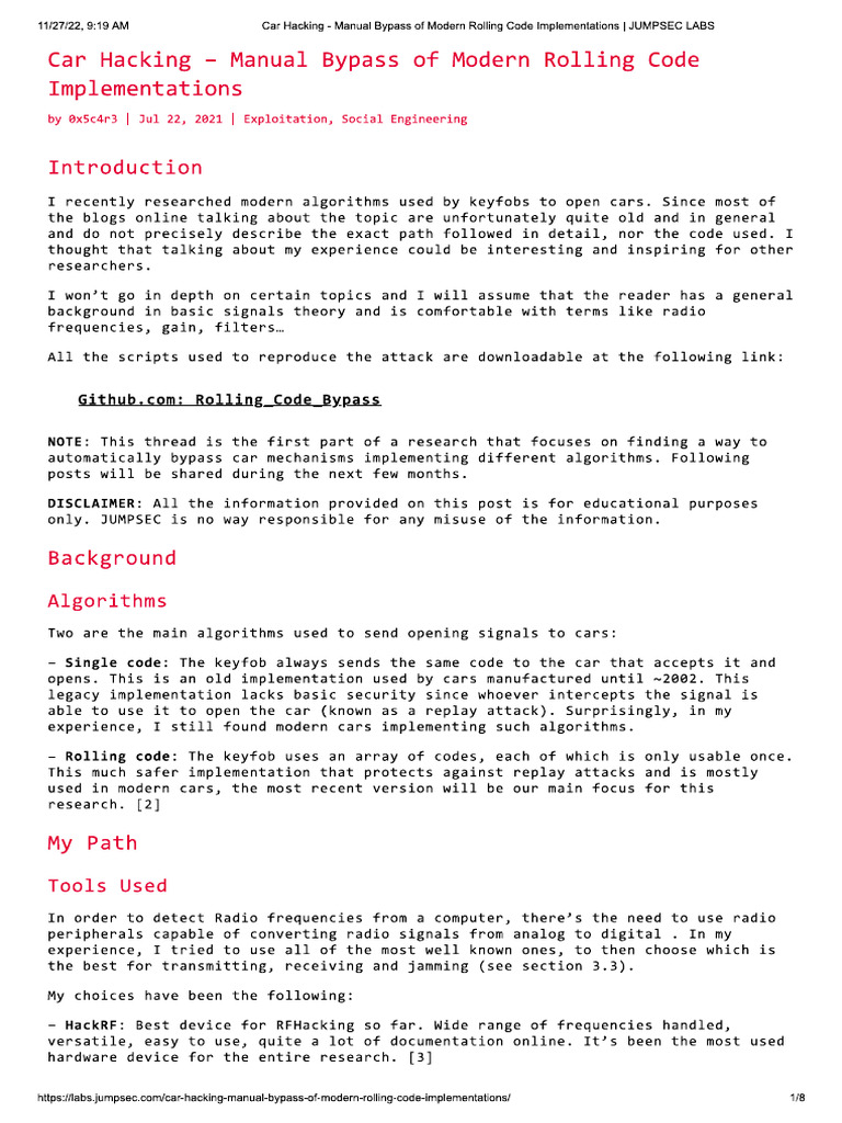 Car Hacking - Manual Bypass of Modern Rolling Code Implementations | PDF