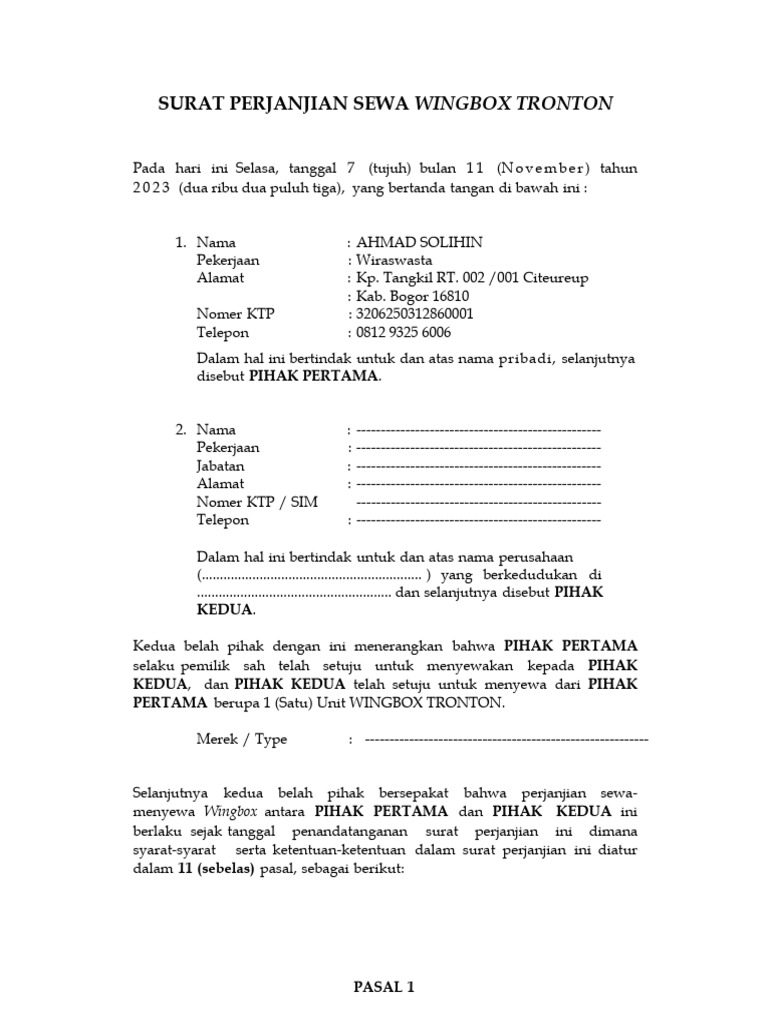 Contoh Surat Perjanjian Sewa Kendaraan | PDF