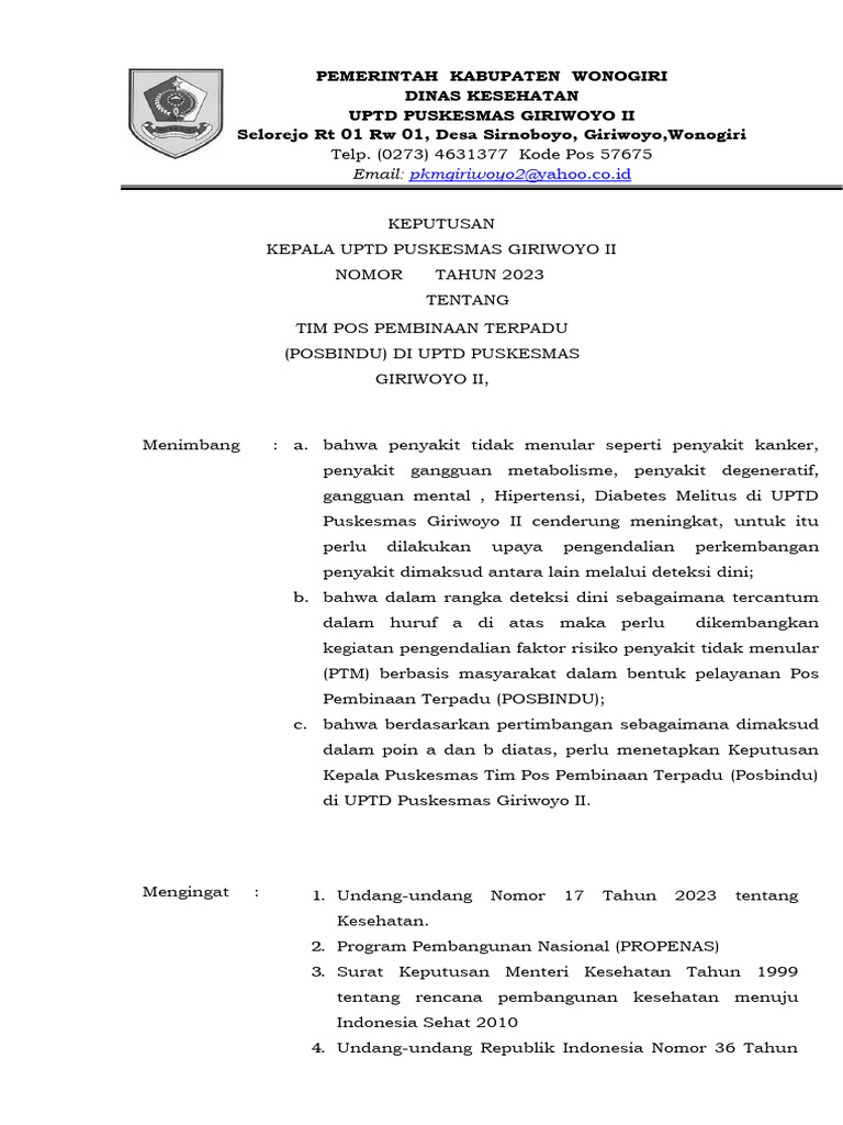 SK Tim Pelaksanaan Posbindu PTM | PDF